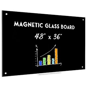 QUEENLINK Black Dry Erase Board, 4' x 3' Magnetic Glass Whiteboard for Wall,48" x 36" Large Black Glass Magnetic Board with 1 Marker Tray and 3 Magnets for Office, Home, Classroom