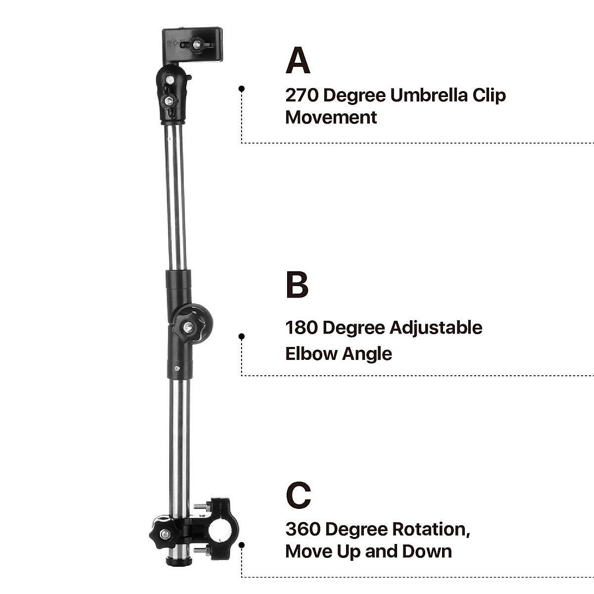 Flexzion Bicycle Umbrella Mount Holder, Swivel Connector Handlebar Frame Stand, Adjustable 2 Section Tube Handle, Outdoor Sports Accessories for 0.67~0.9 inch Handlebar Bike Baby Stroller Wheelchair