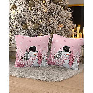 Fantasy Staring Snowman Throw Pillow Covers 18" x 18" Pink Christmas Snowflake Xmas Tree Winter Soft Short Plush Pillow Case for Couch/Sofa/Bedroom/Car