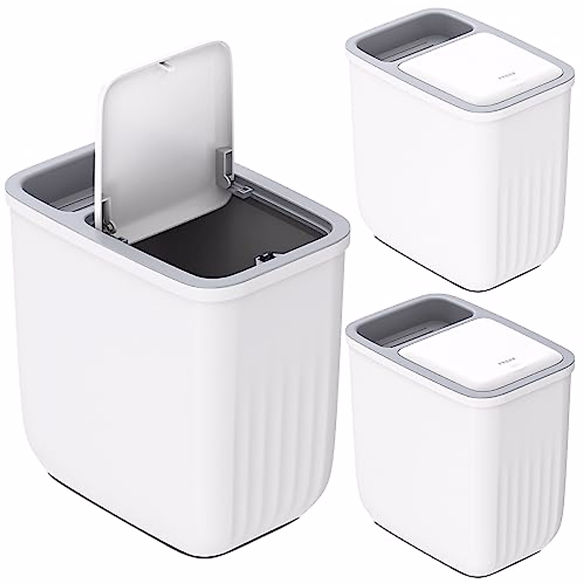 Runsand 3 Pack Small Bathroom Trash Can with Pop-Up Lid, 1.8Gal Slim Trash Bin with Storage Grid Lid, 7L Garbage Can Waste Basket for Bedroom, Laundry Room, Office, Dorms with White-Gray Colors
