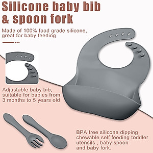 10 Pcs Baby Led Weaning Supplies, Silicone Baby Feeding Set with Divided Plate Adjustable Bib Suction Bowl Soft Spoon Fork, Toddler Self Eating Utensil Set (Khaki, Dark Gray)