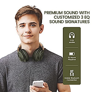 DOQAUS Bluetooth Headphones Over Ear, 52 Hours Playtime Wireless Headphones with 3 EQ Modes, Noise Isolating HiFi Stereo Headphones with Deep Bass, Microphone, Soft Earpads for Cellphone/PC (Green)