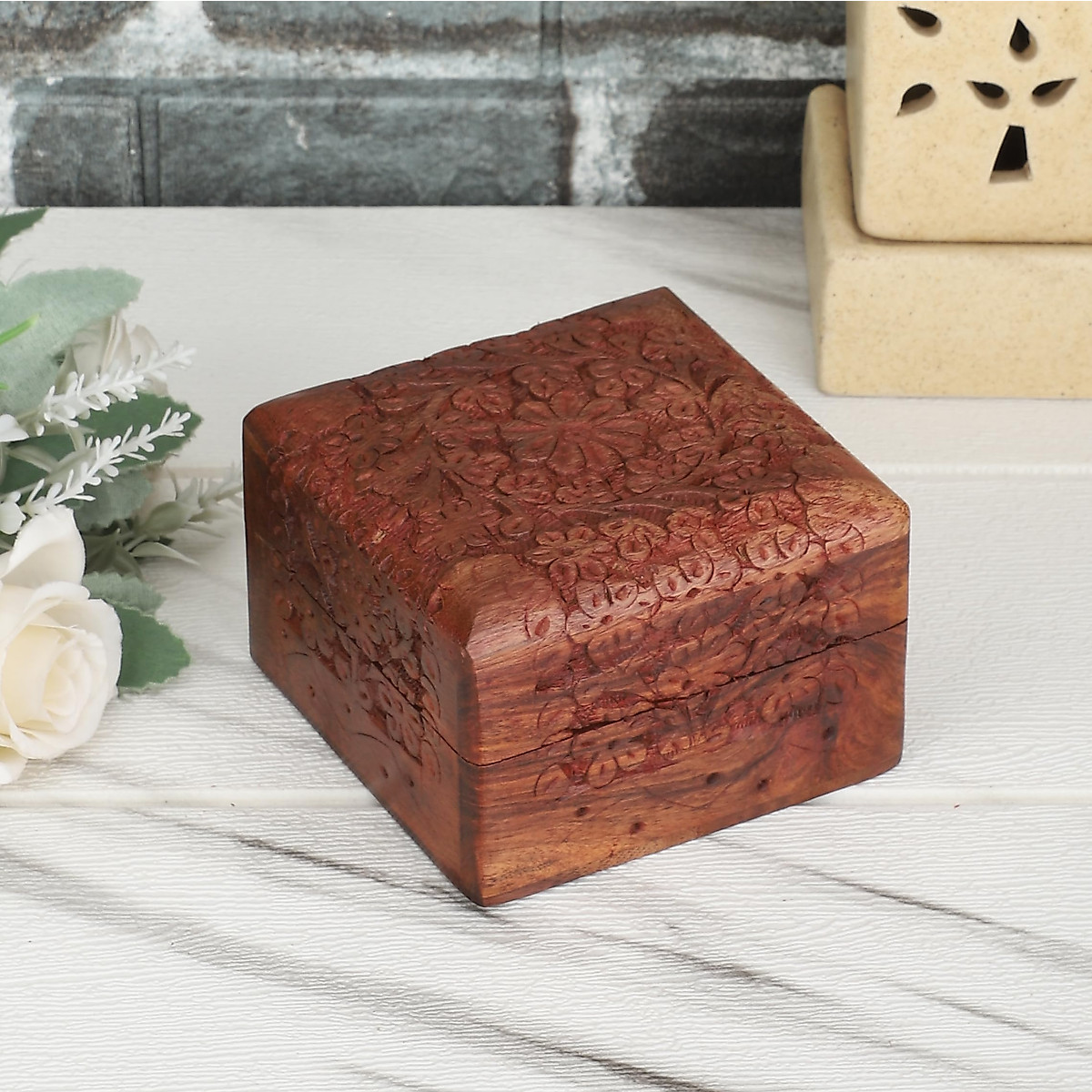 Ajuny Wooden Hand Carved Decorative Keepsake Box Jewelry Armoire Treasure Chest Trinket Holder Storage Travel Organiser Perfect Unique Gifts Ideas for Men and Women