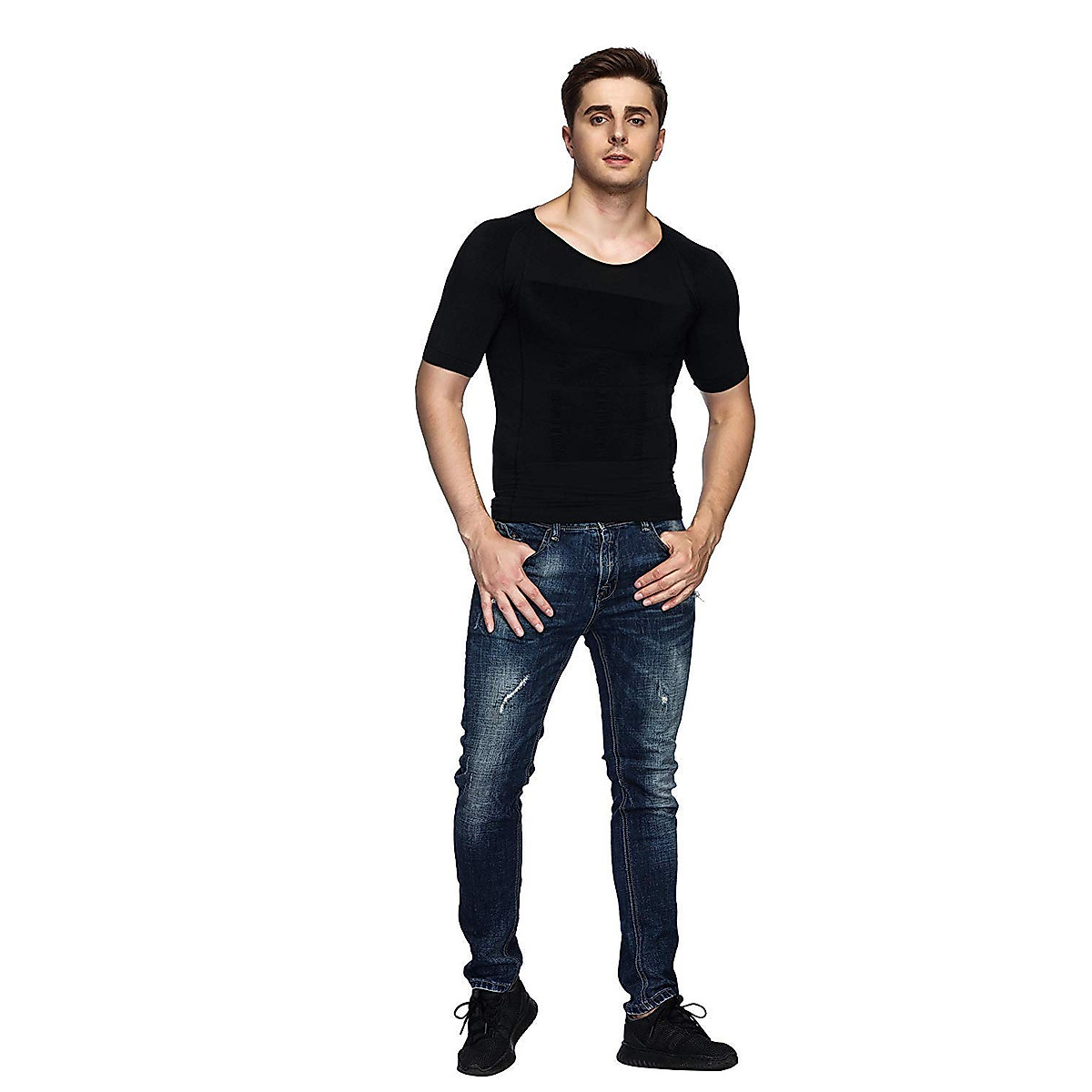 Odoland Men's Body Shaper Slimming Shirt Tummy Vest Thermal Compression Base Layer Slim Muscle Short Sleeve Shapewear, Black XXL