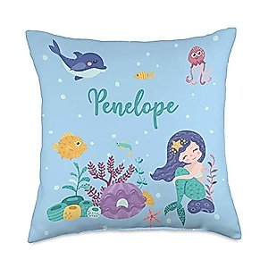 Mermaid Penelope Name Gifts Penelope Name Gift Girls Mermaid Bedroom Decor Throw Pillow, 18x18, Multicolor