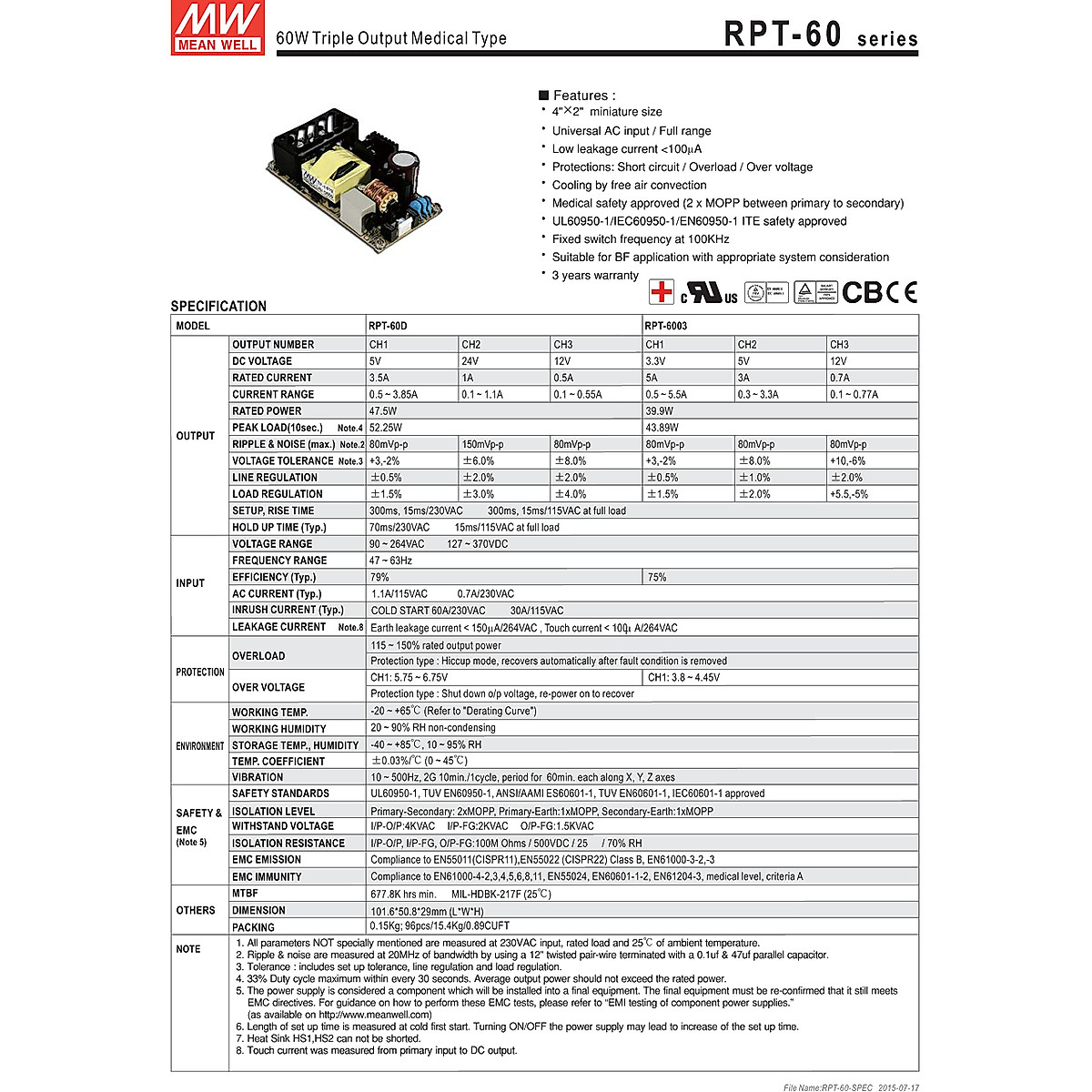 Mean Well Original RPT-60C Triple Output Medical Type Power Supply +/-15V 5V 0.5A 1.5A 4A 50W