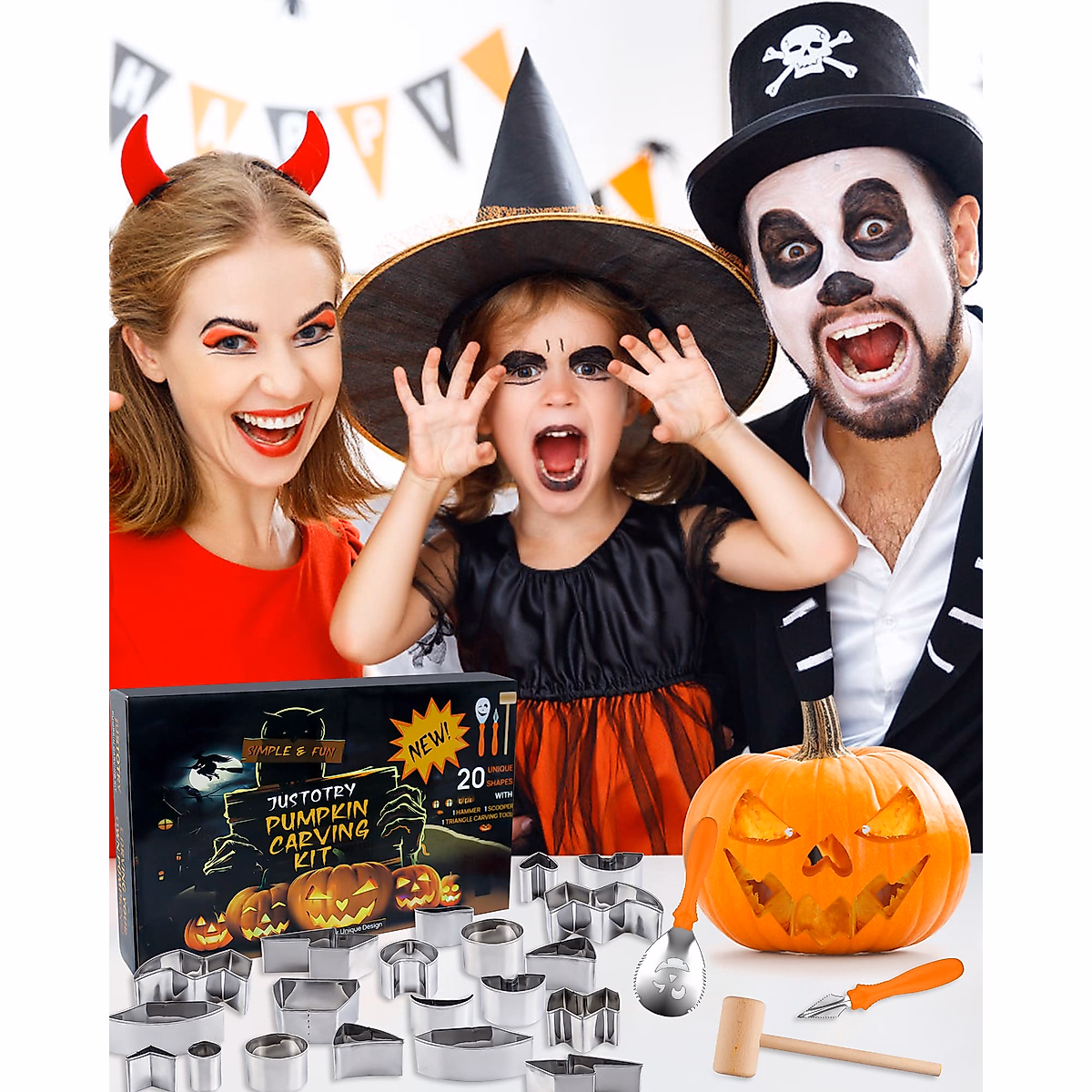 JUSTOTRY Pumpkin Carving Kit with Hammer Safe for kids, Halloween Pumpkin Cutter Tools, Durable Stainless Steel Non-knife Shaped Stencils, Pumpkin Carving Set for Adults, 23 PCS