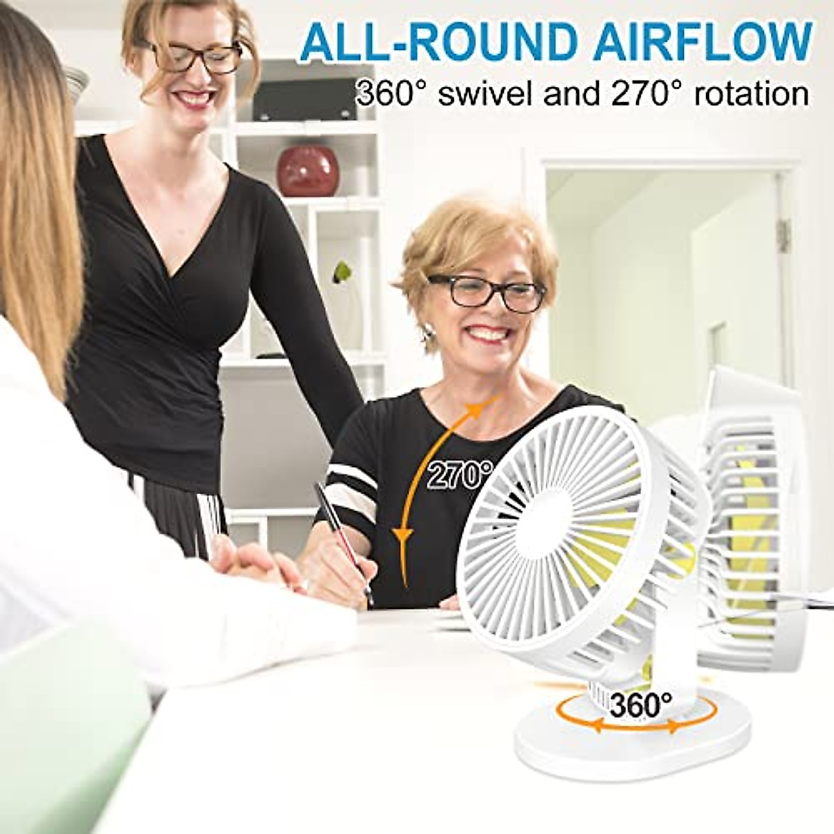 Small Desk Fan - USB Fan with 2 Bases as Desktop Fan, Clip On Fan for Table and Baby Stroller, Portable Rechargeable Clip Fan with 3 Speed and 5000 mAh Battery for Office, Bedroom, Camping, Travel