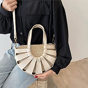 QTKJ Hand-woven Cute Women Summer Beach Semi-circle Rattan Straw Handbags, Splicing Shoulder Bag Cross body Straw Bag with Leather Shoulder Strap (Beige)