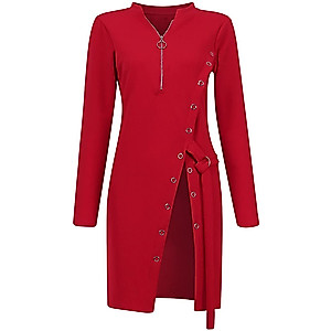 Omoone Women's Sexy Vneck Tshirts Tops Half Zip Long Sleeve Sweater Dress High Split Shirt Blouses Knitted Pullover Top (2868-Red-XL)