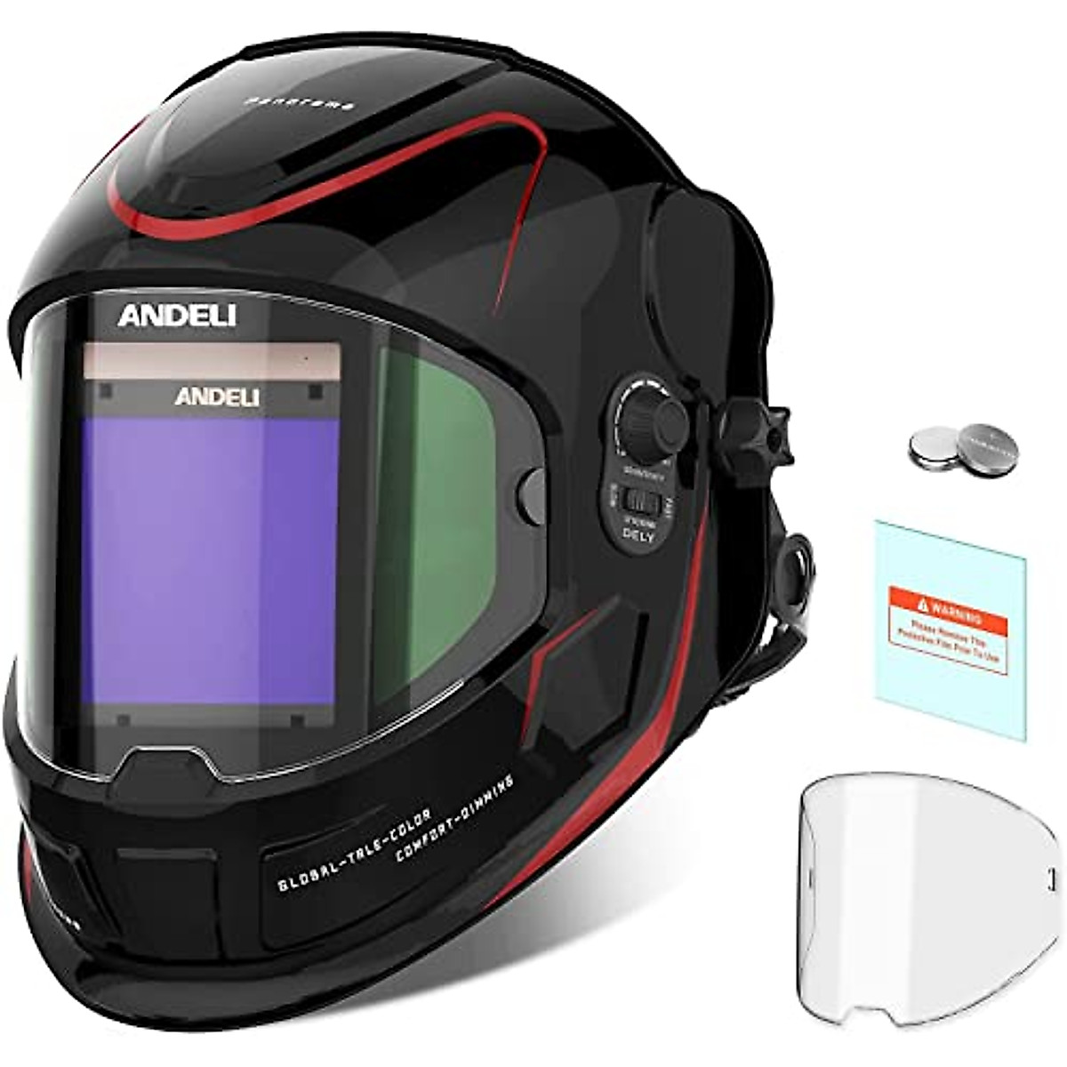 ANDELI Welding Helmet,3.94"X3.74" Large View Welding Helmet Auto Darkening True Color,Solar/Battery Power Welding Hood with 4 Arc Sensor,Cool Welding Mask DIN5-8/DIN9-13 for TIG MIG ARC (Red Cat)