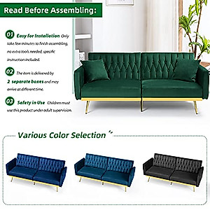 ACMEASE 70” Velvet Futon Sofa Bed w/Adjustable Backrests and Armrests, Convertible Futon Couch with Two Pillows, Modern Tufted Sleeper Bed for Living Room, Bedroom,Green