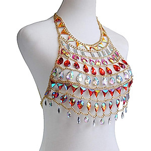 Aiosy Boho Body Chain Bra Gold Sexy Rhinestone Bikini Bra Body Halter Backless Sequins Chain Bra Beach Body Accessories Jewelry for Women (Red)