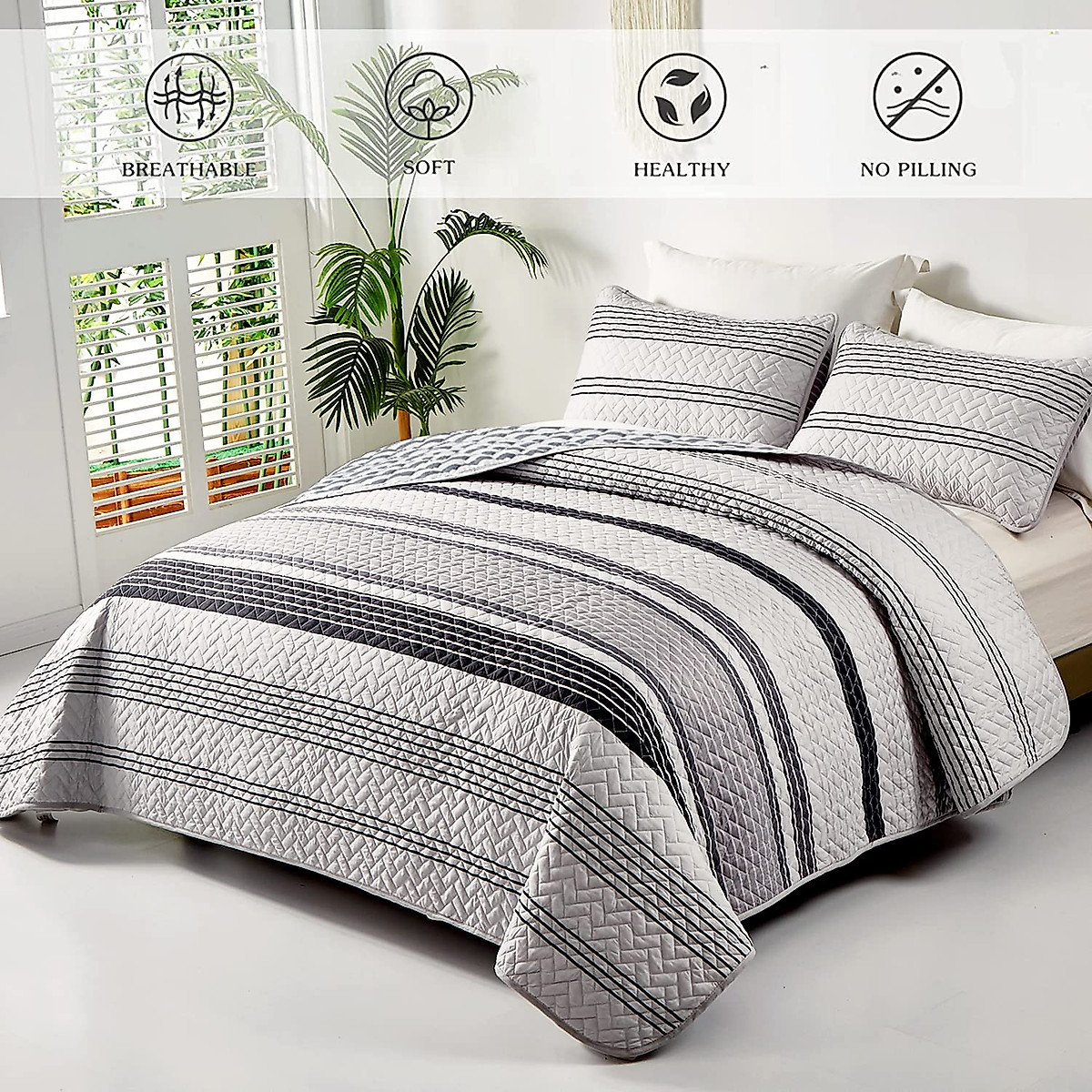 Mybedsoul Grey Boho Quilt Set King Size,3 Pieces Striped Bedspread,Soft Microfiber Coverlet for All Season-1 Quilt and 2 Pillow Shams,90"x104"
