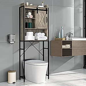VINGLI Rustic Over-The-Toilet Storage Cabinet, Farmhouse Sliding Barn Door Bathroom Rack Space Saver Oragnizer w/Adjustable Shelves and Steel Frame (Wash Grey)