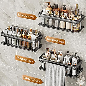 EVALAND Aluminum Shower Caddy, Adhesive Shower Shelves, 2-Pack With Hooks and Rod for Towels, No Drill Wall Mount Rustproof Premium Organizer for Bathroom, Kitchen, Black