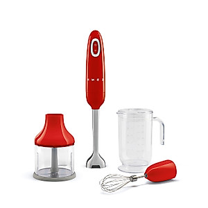 SMEG Handheld Immersion Blender with Beaker, Chopping Bowl w/Lid, Wire Whisk, 5 Speed Controls, made with Stainless Steel Blades and Ergonomic Design (Red)