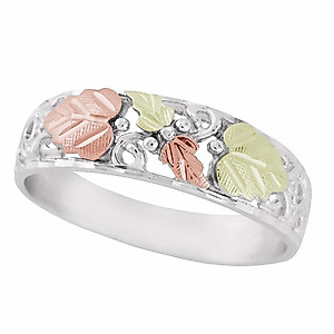 Diamond-Cut, Frosty Leaf Wedding Ring, Sterling Silver, 12k Green and Rose Gold Black Hills Gold Motif, Size 6.5