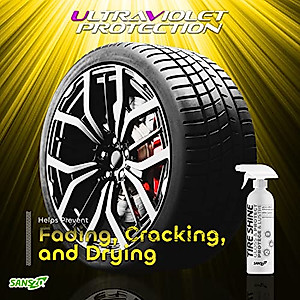 SansZo Tire Shine - One-Step Automotive Clear Coat Tire Dressing Spray for Glossy Wet Tire Look - Non-Greasy Auto Detailing for Rubber, Vinyl & Plastic, with UV Protector, with Microfiber Cloth, 24oz
