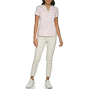 Calvin Klein Women's Comfortable Snap Detail Crew Neck Striped Short Sleeve, Petal/White
