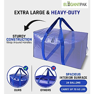 ElegantPak 6 Pack Extra Large Heavy-Duty Moving Bags with Carrying Handles & Zippers, Storage Tote for Space Saving, Folds Flat