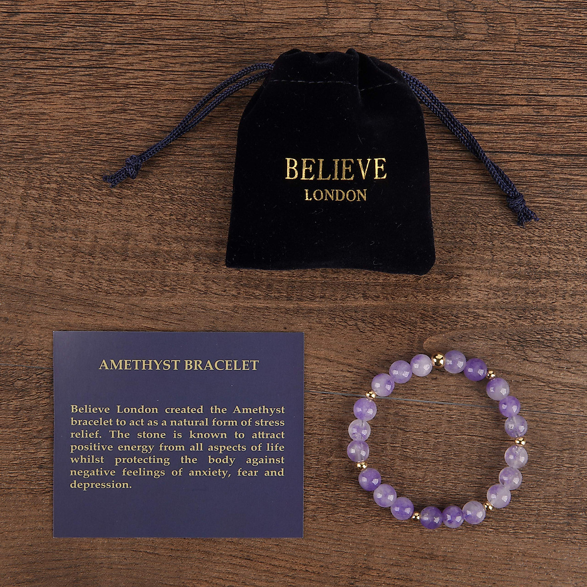 Believe London Co. 6mm Amethyst Beaded Bracelets - Natural Stone Elastic Crystal Bracelet for Women/Men - Long Distance Relationship Gifts - Stress Relief, Healing Crystals & Anxiety Relief