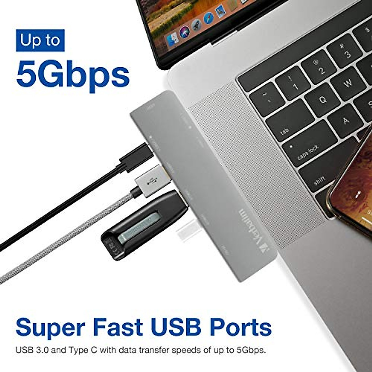 Verbatim 7-in-2 USB C Hub Adapter - 100W Power Delivery, USB 3.0, SD Card Readers for MacBook Pro + 6FT Monster 4K Ultra HDMI Cable