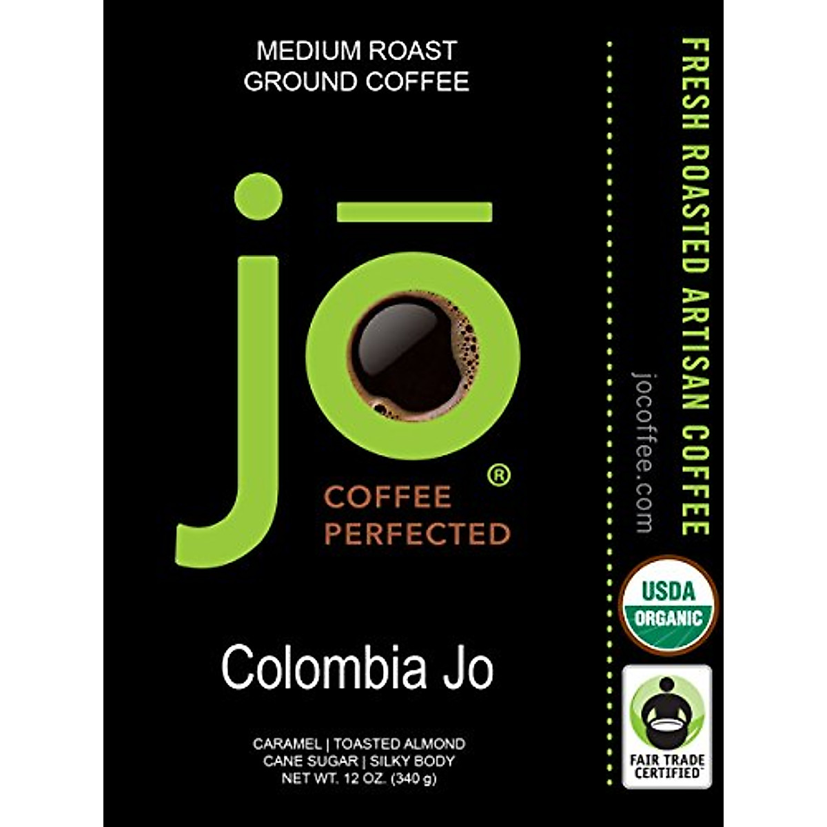 COLOMBIA JO: 12 oz, Organic Ground Colombian Coffee, Medium Roast, Fair Trade Certified, USDA Certified Organic, 100% Arabica Coffee, NON-GMO, Gluten Free, Gourmet Coffee from Jo Coffee