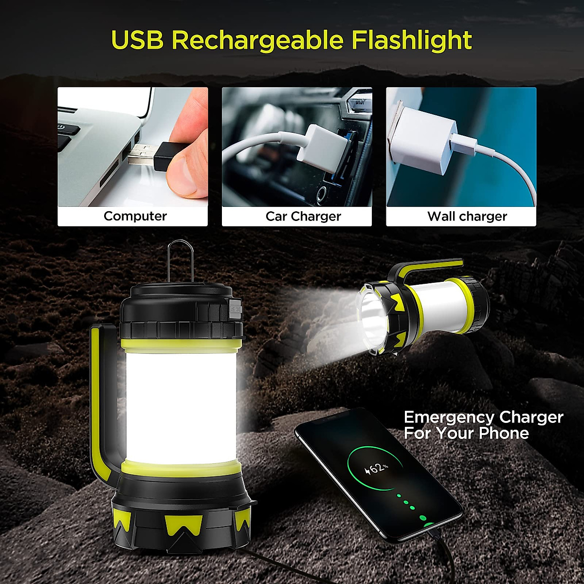 Bochaos Rechargeable Flashlights Camping Lantern, 6 Modes LED Bright Flashlight 3000mAh Battery, IPX4 Waterproof, Emergency Flashlight Lantern for Outdoor， Hurricane, USB Cable Included-2 Pack