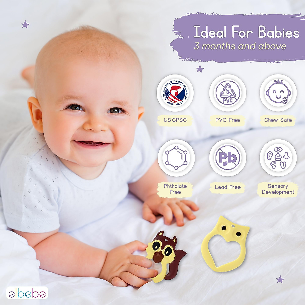 Elbebe Silicone Teething Toys - Baby Teething Toys - Baby Teether - Silicone Teethers for Babies - Baby Chew Toys - Silicone Baby Teether - Infant Teething Toys - Owl & Squirrel - Set of 2