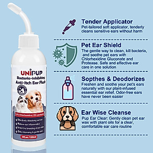 UNIPUP Dog Ear Cleaning Solution，Ear Infection Treatment for Dogs & Cats to Mitigate Itching, Inflammation, and Odor for Maintaining Ear Hygiene, with 30 Cotton Swabs, 4 oz