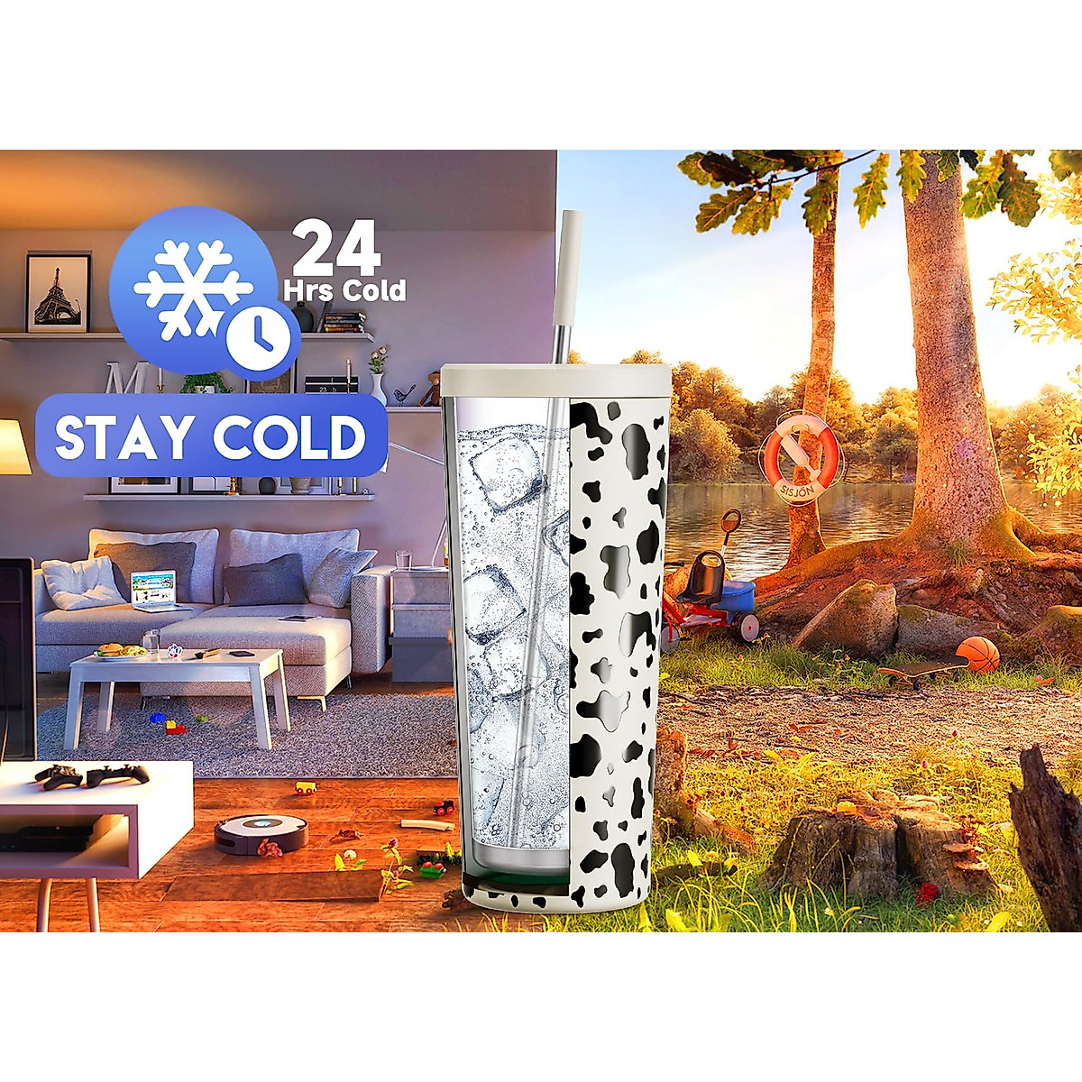 Meoky 24 oz Insulated Tumbler with Lid and Straw, Stainless Steel Vacuum Insulated Tumbler, Keeps Cold for 24 Hours, 100% Leak Proof, Fits in Car Cup Holder (Cow)