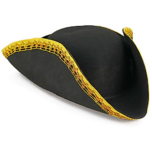 Skeleteen Colonial Black Tricorn Hat - Revolutionary War Costume Tricorner Deluxe Hat with Gold Trimming
