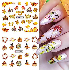 Fall Nail Art Stickers Thanksgiving Nail Decals Maple Leaf Turkey Water Transfer Nail Sticker Autumn Design Nail Art Supplies Acrylic Nail Accessories for Women Girls Thanksgiving Day Nail Decoration