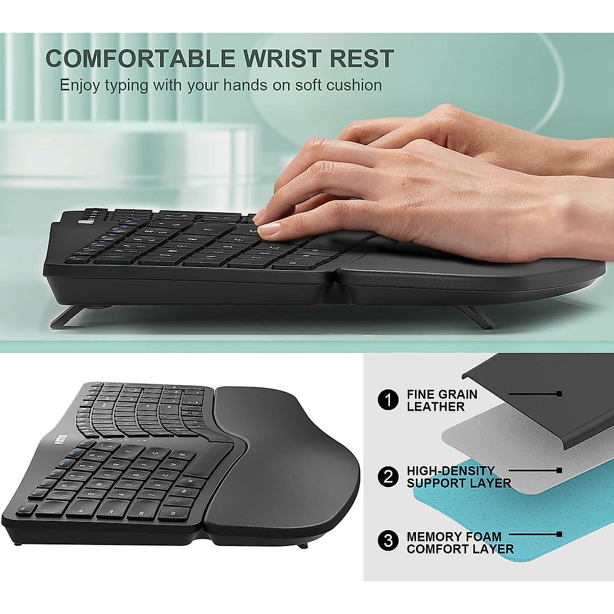 Arteck Split Ergonomic Keyboard with Cushioned Wrist and Palm Rest, 2.4G USB Wireless Comfortable Natural Ergonomic Split Keyboard, for Windows Computer Desktop Laptop