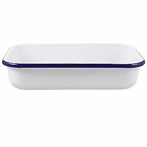 Luxshiny Enamelware Roasting Pan 19x28cm Rectangular Roasting Pan Baking Dish Lasagna Pan Food Containers White with Blue Rim Serving Tray for Home Kitchen Restaurant