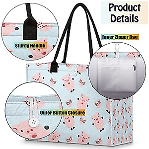 Cute Cartoon Pig Reusable Grocery Shopping Bag with Hard Bottom, Animal Pig Large Foldable Multipurpose Heavy Duty Tote with Zipper Pockets, Stands Upright, Durable and Eco Friendly, Beach Bag