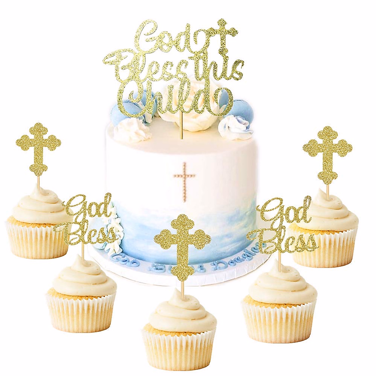 JeVenis 25 PCS Glittery Gold Bless this Child Cake Topper Baptism Cupcake Toppers Cross Cupcake Topper Baptism Cake Topper Cross Cake Decoration Baptism Party Decorations