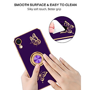 BENTOBEN iPhone XR Case, Phone Case iPhone XR 6.1, Slim Fit Gold Butterfly Design Kickstand Ring Holder Shockproof Protection Soft TPU Bumper Drop Protective Girl Women Boy iPhoneXR Cover, Deep Purple