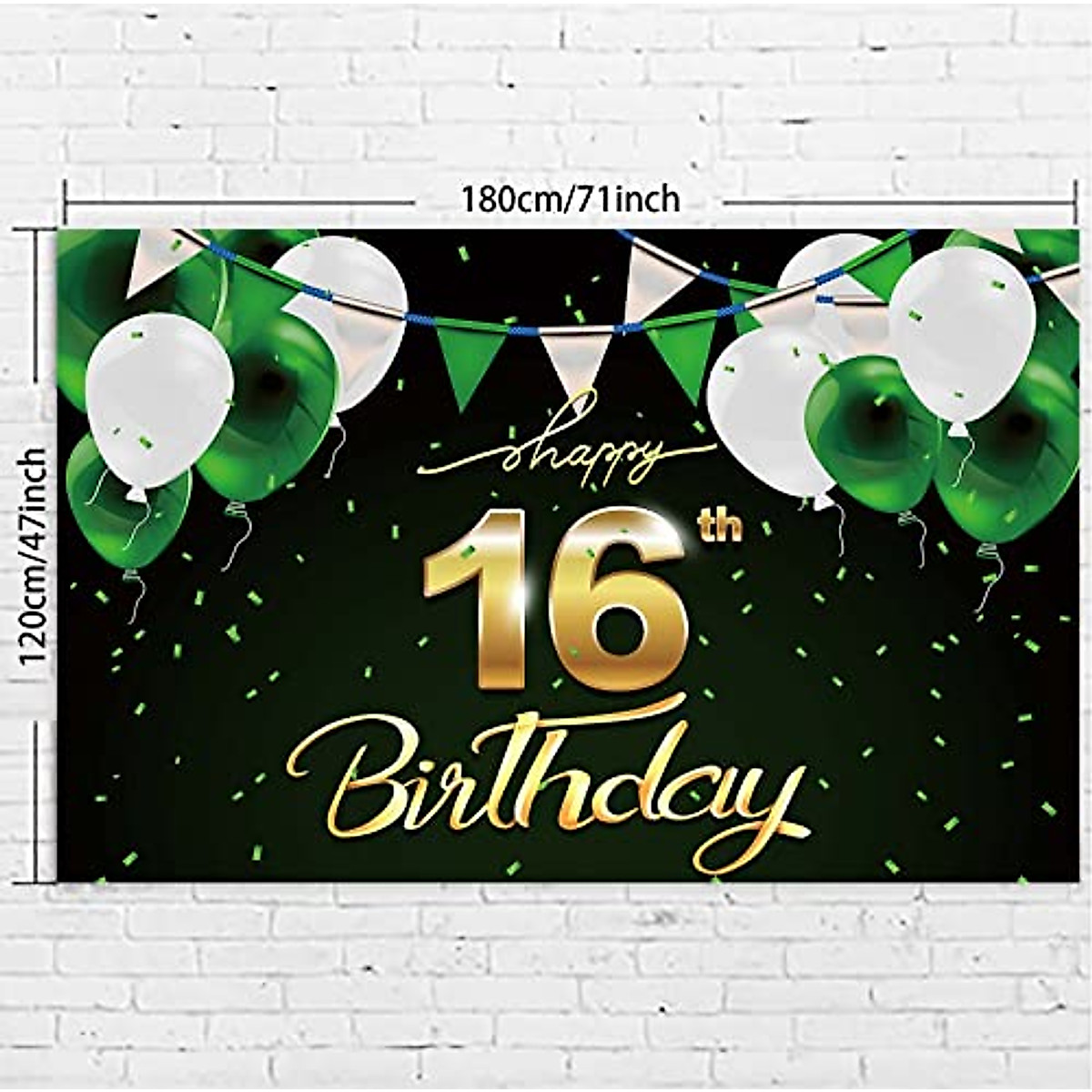 Happy 16th Birthday Black Banner Backdrop Background Photo Booth Props Green White Balloons Theme Decor for Sixteenth Year Anniversary 16 years Old Birthday Party Favors Supplies Decorations