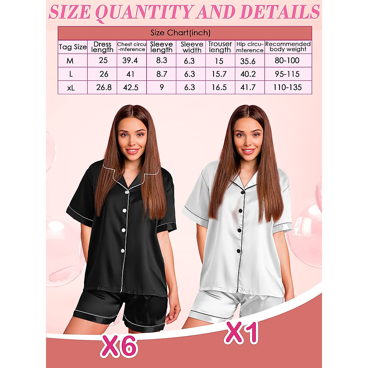 Unittype 7 Sets Womens Silk Satin Pajamas Set Two-Piece Sleepwear Loungewear for Sleepover Bridesmaid Wedding Slumber Party (as1, alpha, jaspo_m, White, Black)
