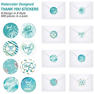 600 Pieces Thank You Roll Stickers Blue Watercolor Thank You Adhesive Stickers Business 1.5 Inch Thank You Envelope Sealing Stickers for Business Bridal Baby Shower Wedding, 8 Designs