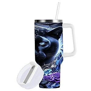 RPLIFE Mystic Panther Purple Rose Travel Coffee Tumbler, Stainless Steel Tumbler, Drinking Cups with Lids and Straws