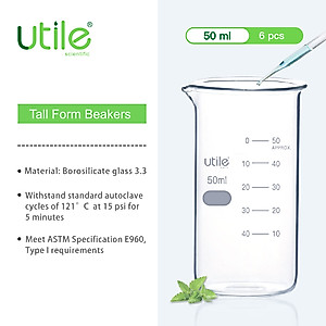 Utile 6pcs of 1.7oz(50ml) Tall Form Glass Beakers, Shot Glass, Borosilicate 3.3 Glass with Printed Graduation, 4001.0050.6