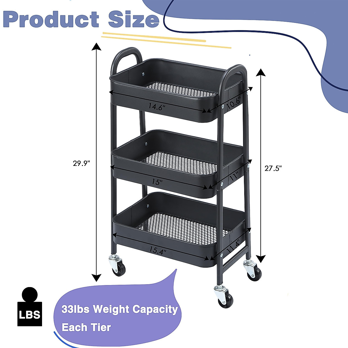 WELL-STRONG Metal Storage Trolley - 3-Tier Rolling Cart with Lockable Wheels - Multi-Purpose Utility Cart with Handle - Mobile Shelving Organizer for Bathroom, Office, Kitchen, Bedroom, Garage Black