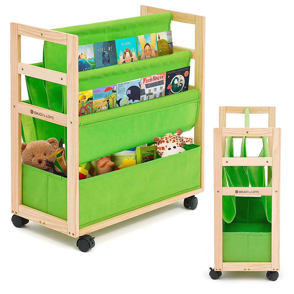 Jomifin Rolling Bookshelf with Toys Storage Bins, Kids Sling Book Shelf with Wheels Large Capacity for Kids Bedroom Playroom - Double Sided