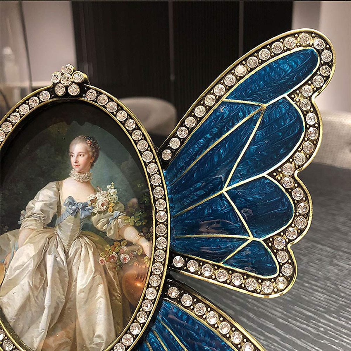 soofylia Retro Metal Butterfly Frame with Rhinestones Indigo Photo Frame 3.5 × 5 Room Decor Perfect for Wedding, Baby Birth Anniversary, Vacation, Graduation, Housewarming or any Memorable Photos