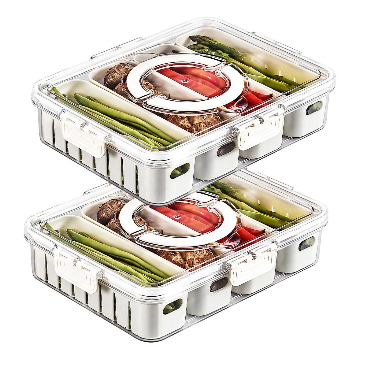 2Pack Divided Veggie Tray with Lid and Handle 4 Compartment Serving Tray with Dividers Portable Travel Snack Storage Containers Stackable Snackle Box Charcuterie Container for Fruit,Vegetable,Salad