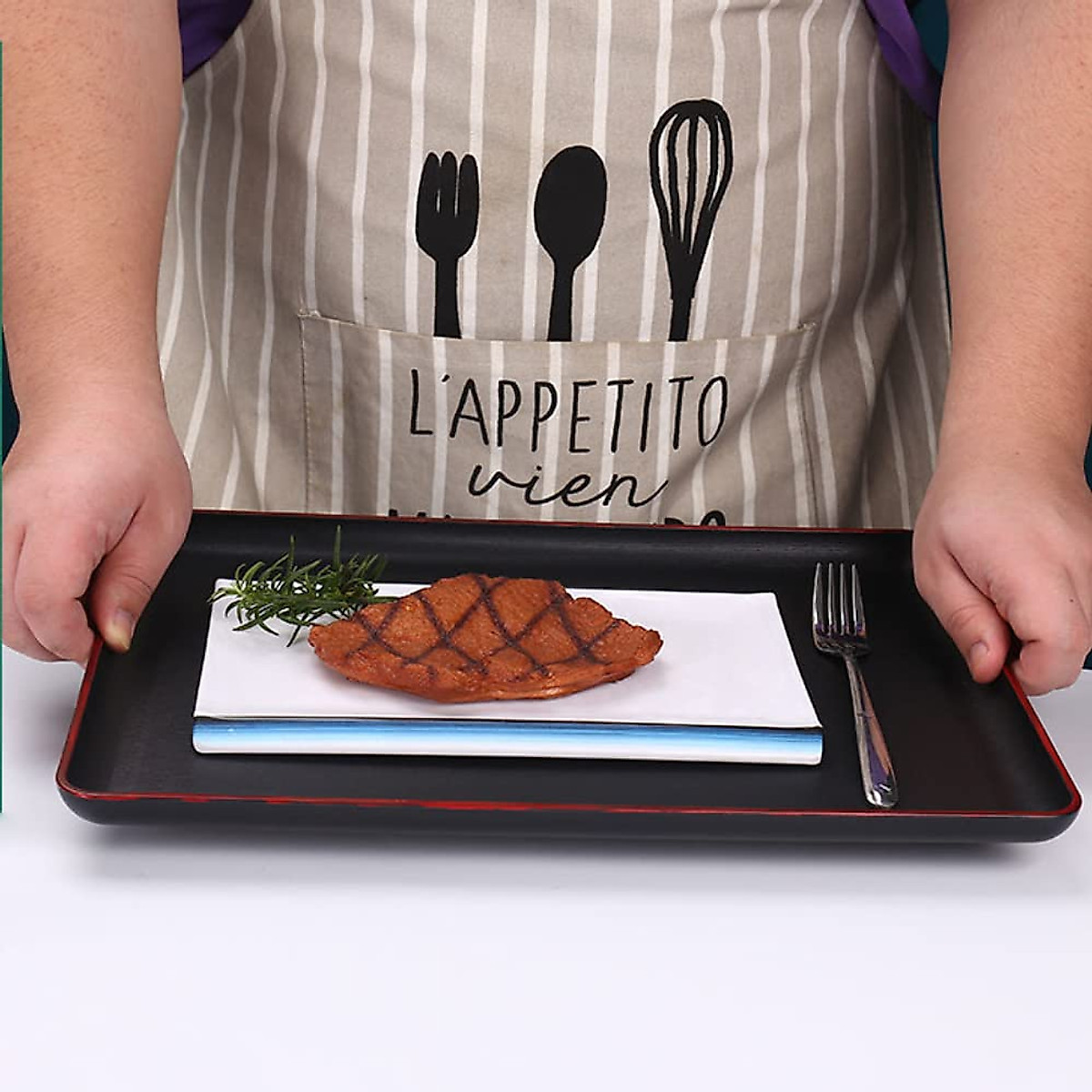 Rectangle Serving Tray,Tea Serving Tray， Bent Ply Tray,Fast Food Cafeteria Tray,Non-Slip Multi-Purpose Plastic Cafeteria Tray for Coffee Table, Kitchen, Parties，Black&Red (11.8 * 7.9 in)