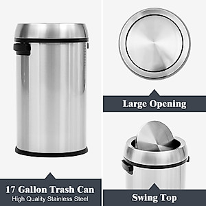 GlowSol 17 Gallon Large Capacity Kitchen Trash Can with Swing Lid, Commercial Trash Can, Heavy Duty Brushed Stainless Steel Garbage Can, 65 Liter, Suitable for Kitchen Outdoor Office